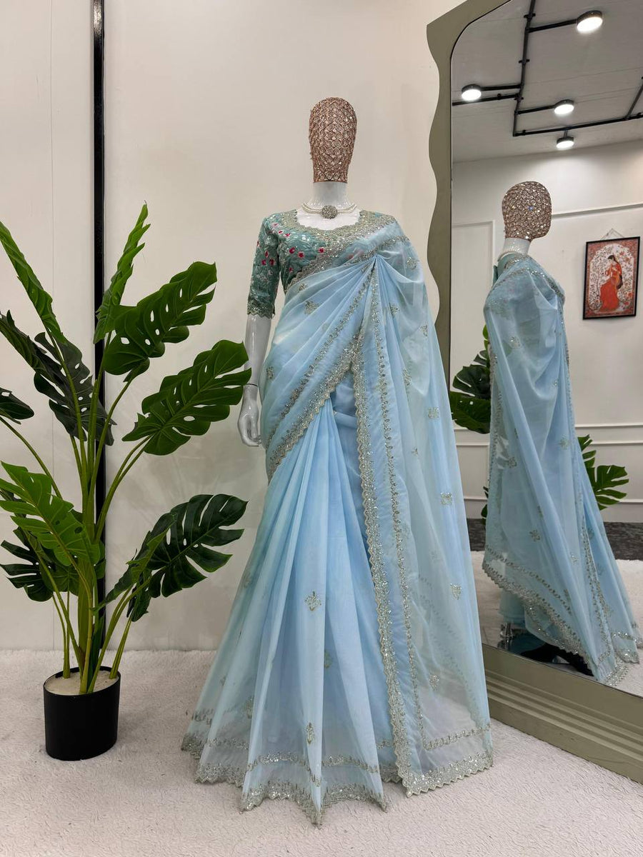 Sky Blue Color Thred & Sequence Work with fancy Lase work Saree – Sasta ...