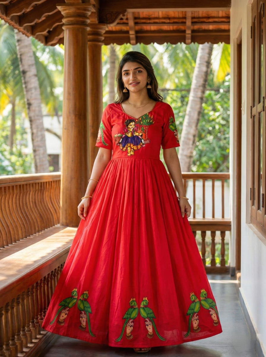 Beautifull Kalamkari Print With Khatli Hand Work Gown – Sasta Bazzar