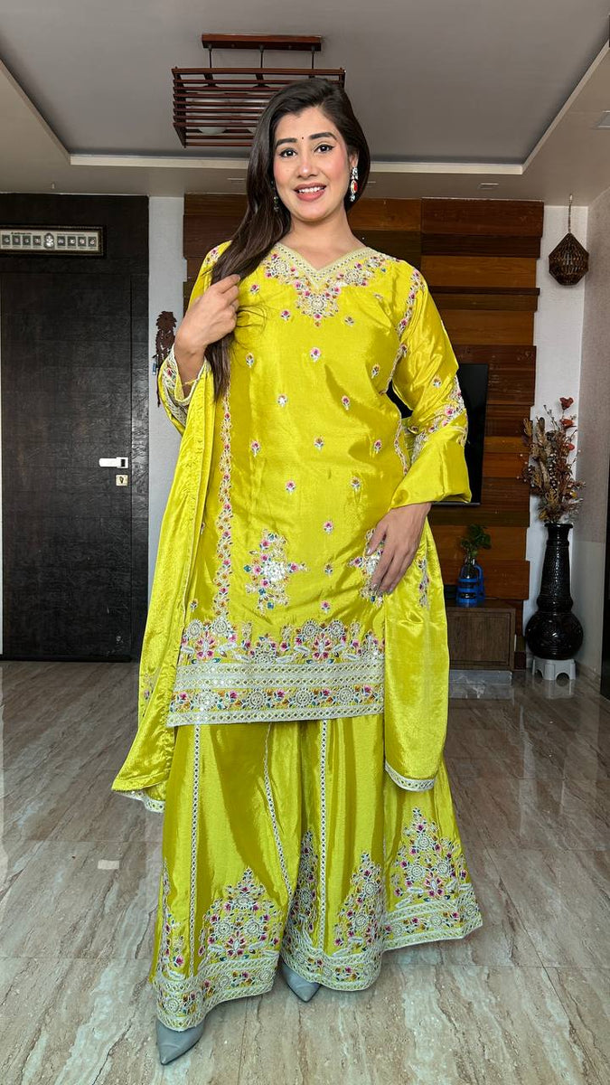 Pure Cinon Silk Heavy Embroidery codding Sequence Work Top – Sasta Bazzar