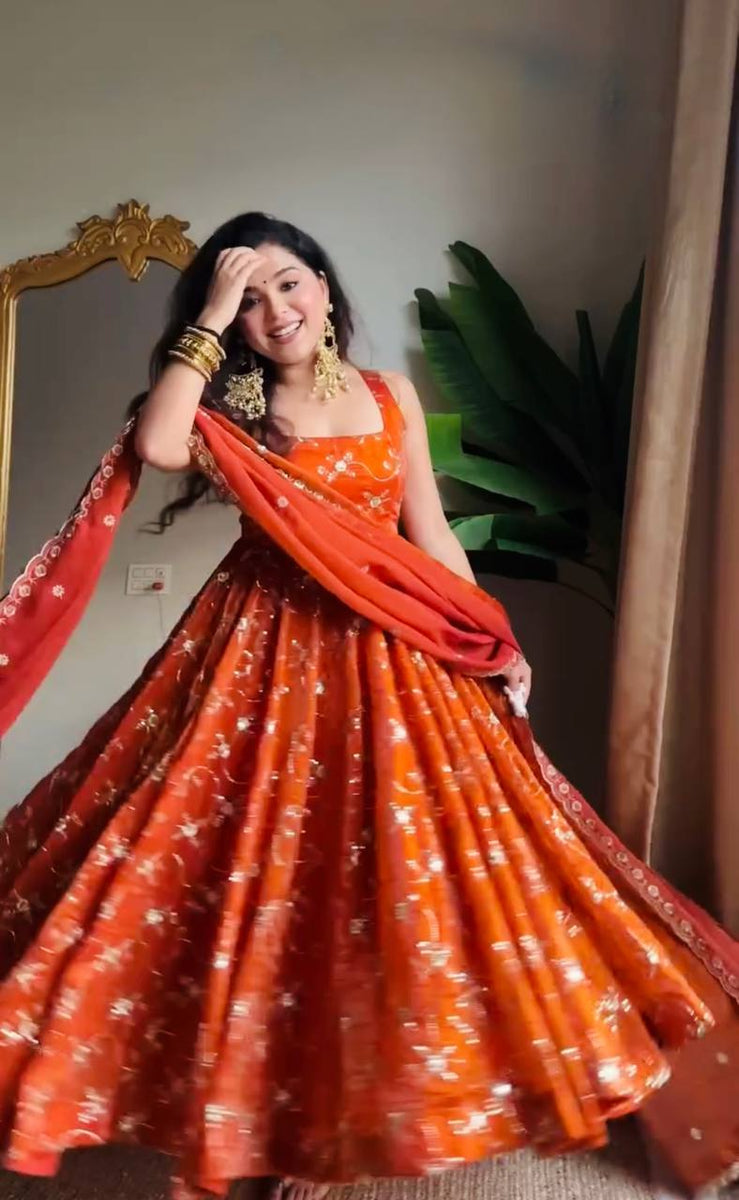 Orange Color Fendy Silk With Sequience And Padded Work Anarkali – Sasta ...