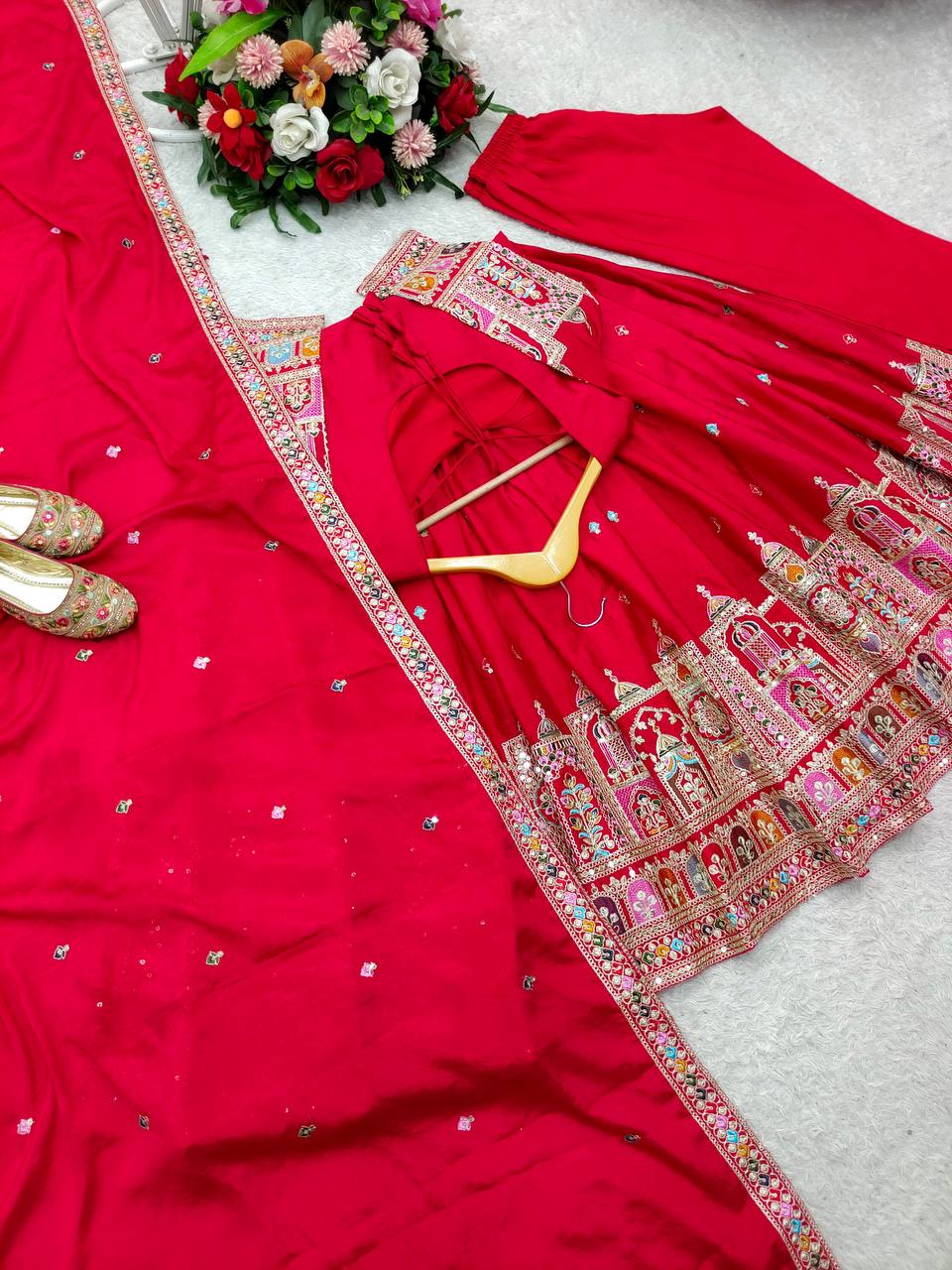 Red Color Coding Dori Work With Chinon Silk Gown – Sasta Bazzar